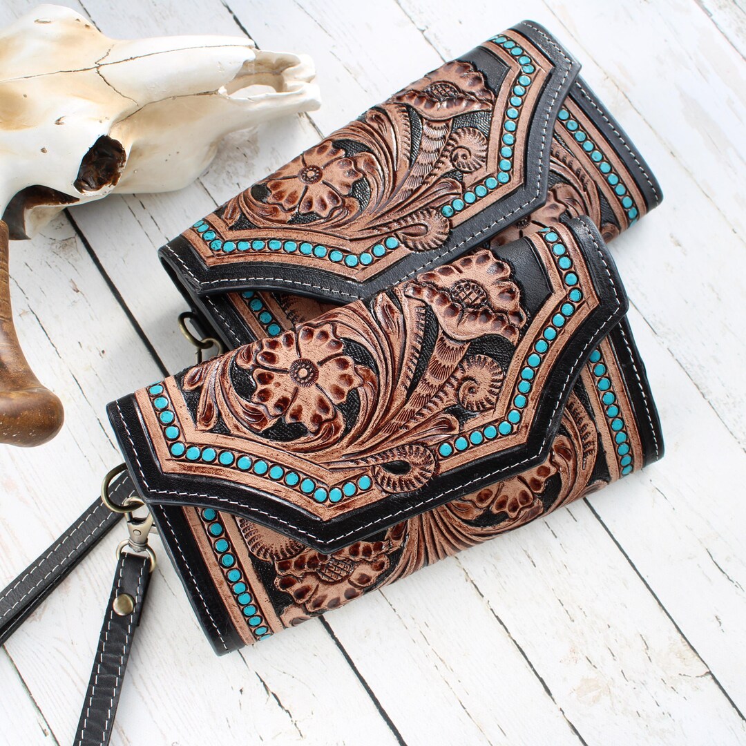 The "beth", Tooled Leather Western Wallet Wristlet - Cowhide Clutch for ...
