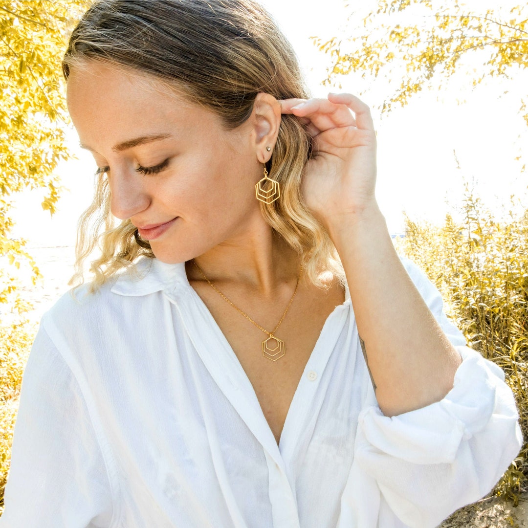Gold Hexagon Earrings Necklace Set: Stainless Steel Minimalist Jewelry - Etsy