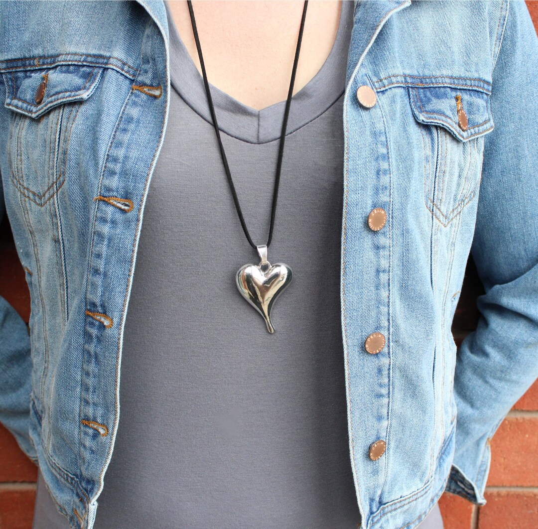 Chunky Silver Puffed Heart Pendant Necklace-large Heart Pendant ...