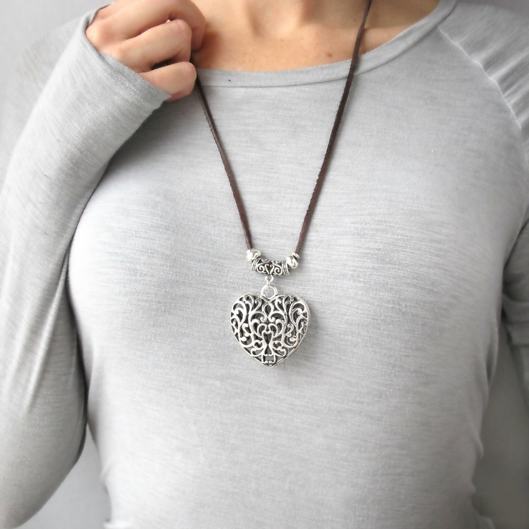 Large Chunky Hollow Heart Pendant-silver Puffed Heart Necklace-long ...