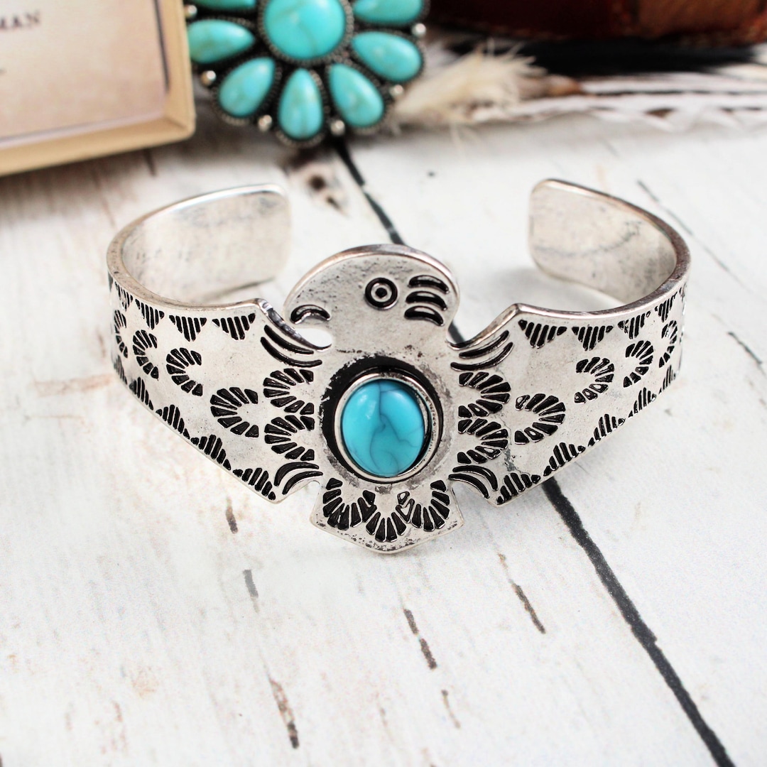 Thunderbird Cuff Bracelet: Vintage Style Stamped Silver Alloy Boho ...