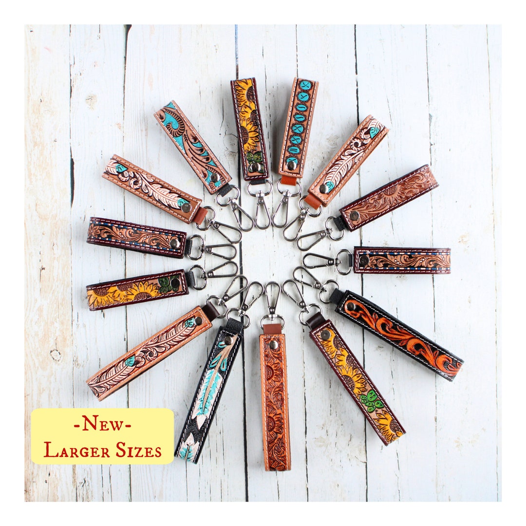 Tooled Leather Keychain Wristlet: Western Key Fob| Wrist Lanyard ...