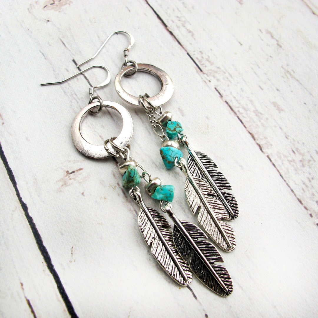 Turquoise Feather Dangle Earrings: Boho Cowgirl Style - Etsy