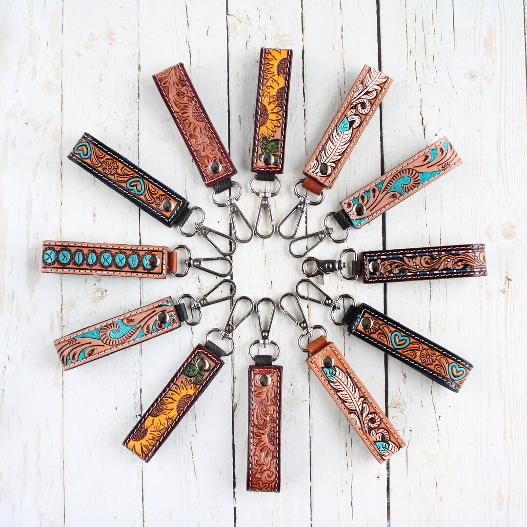Tooled Leather Key Clip-western Leather Keychain-personalized Key Fob ...