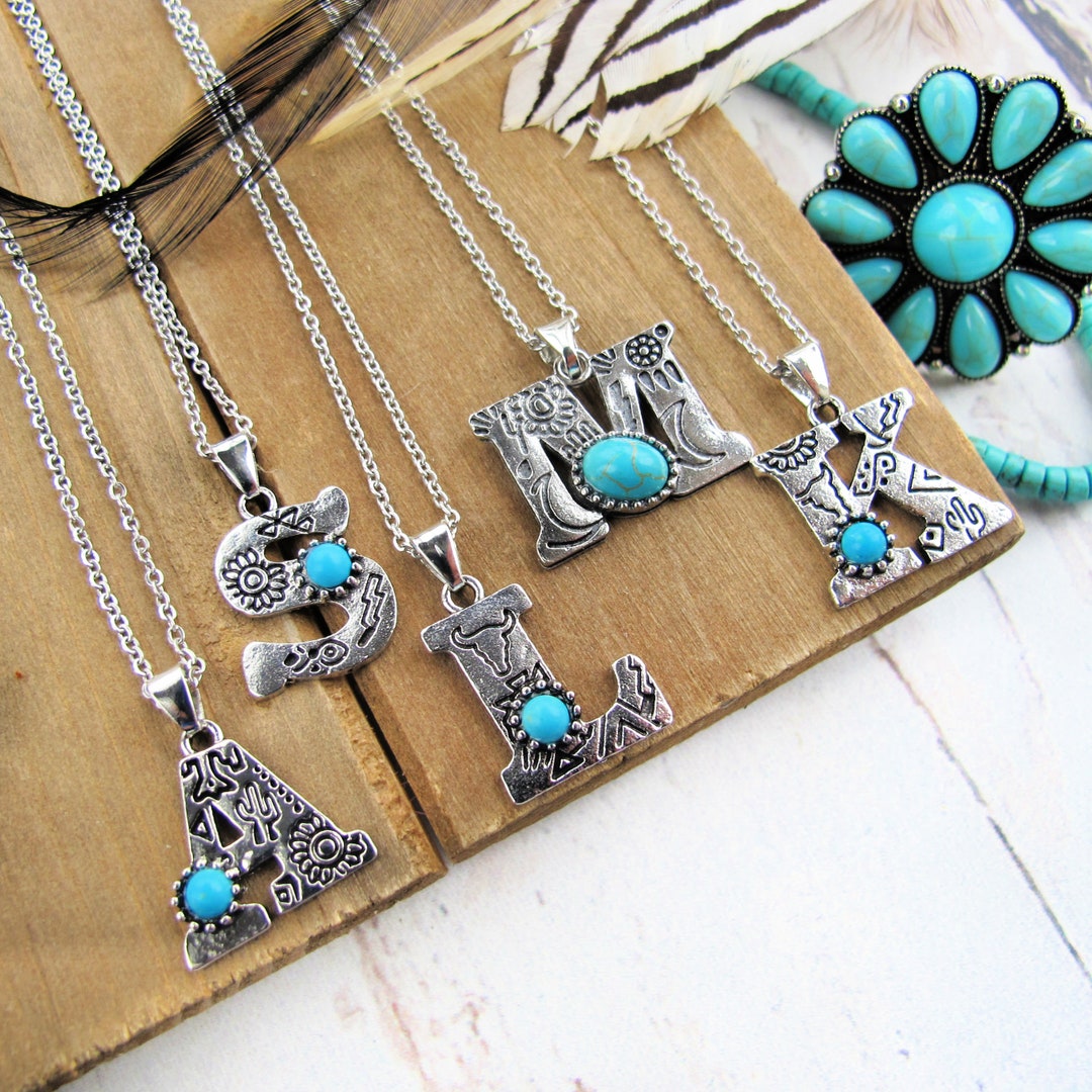 Western Initial Necklace Silver Alloy: Stamped Letter Necklace With ...