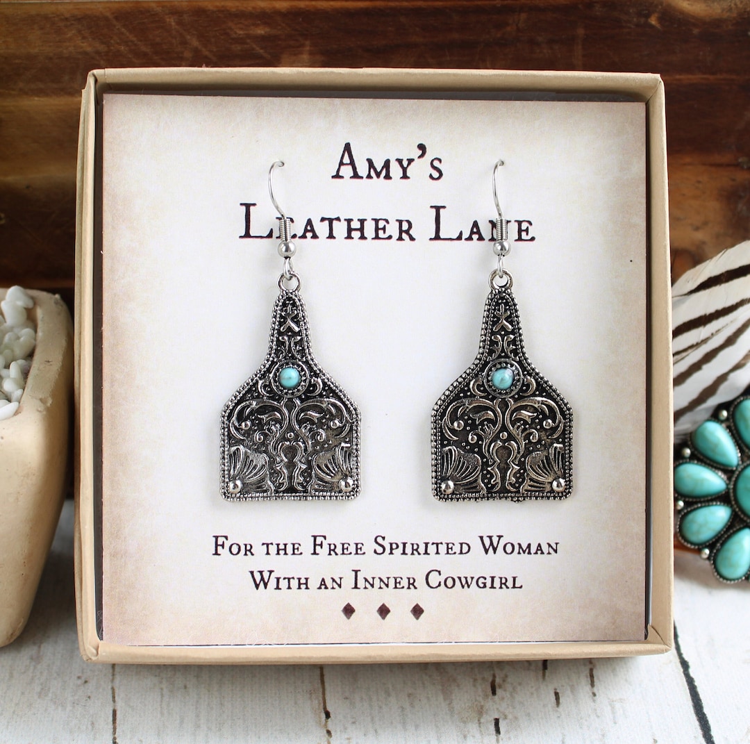 Western Cow Tag Tooled Metal Earrings-trendy Silver Cow Tag Earrings ...
