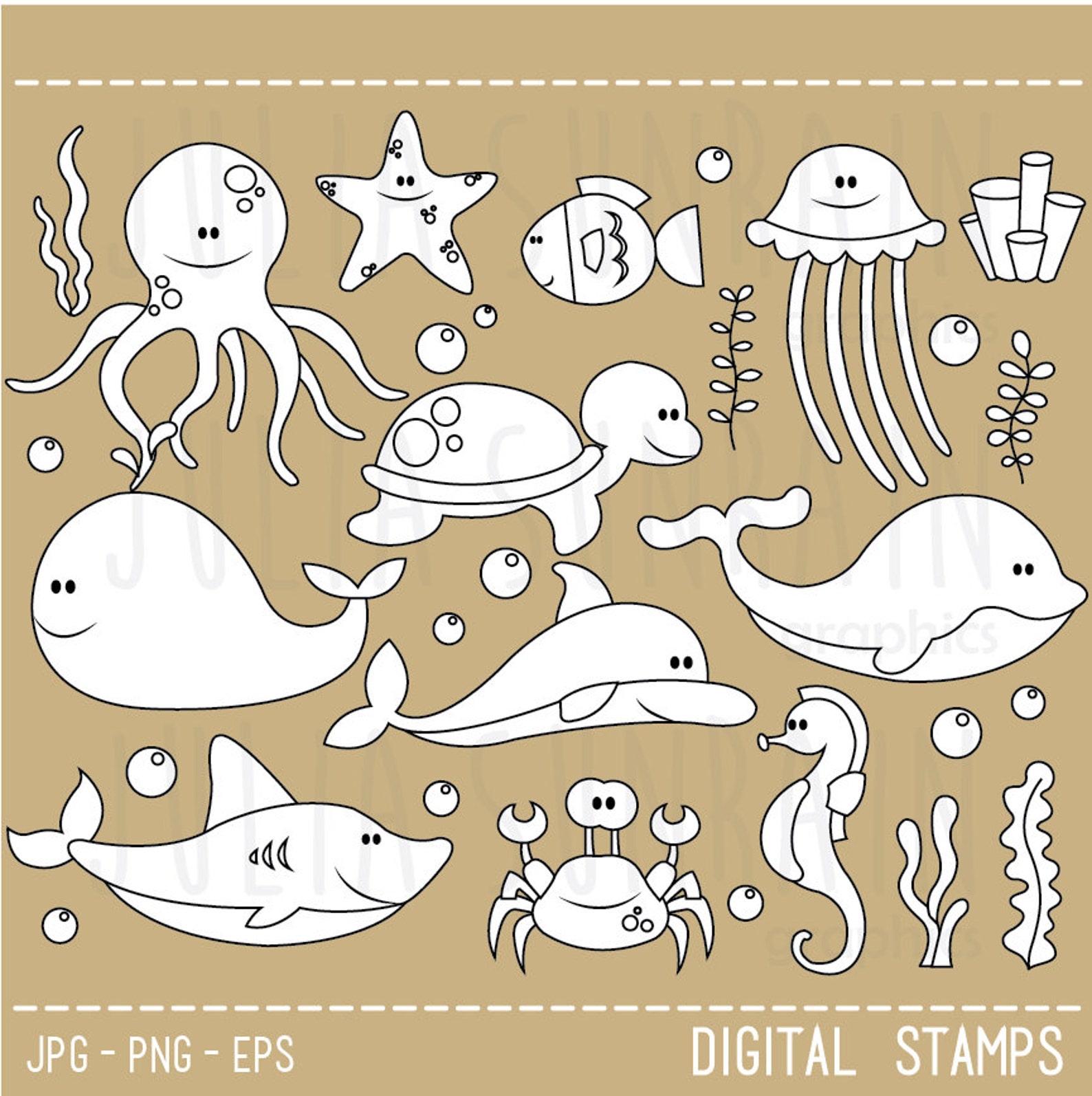 Sea Animals Digital Stamp Digital Clipart & Vector Set Instant Download ...