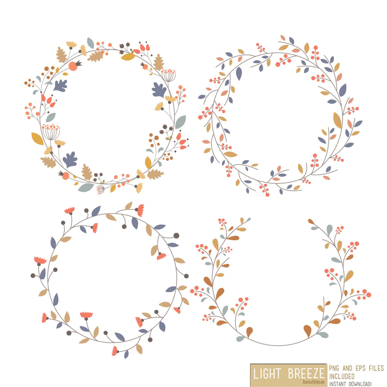 Autumn Flower Wreath Digital Clipart & Vector Set Instant - Etsy