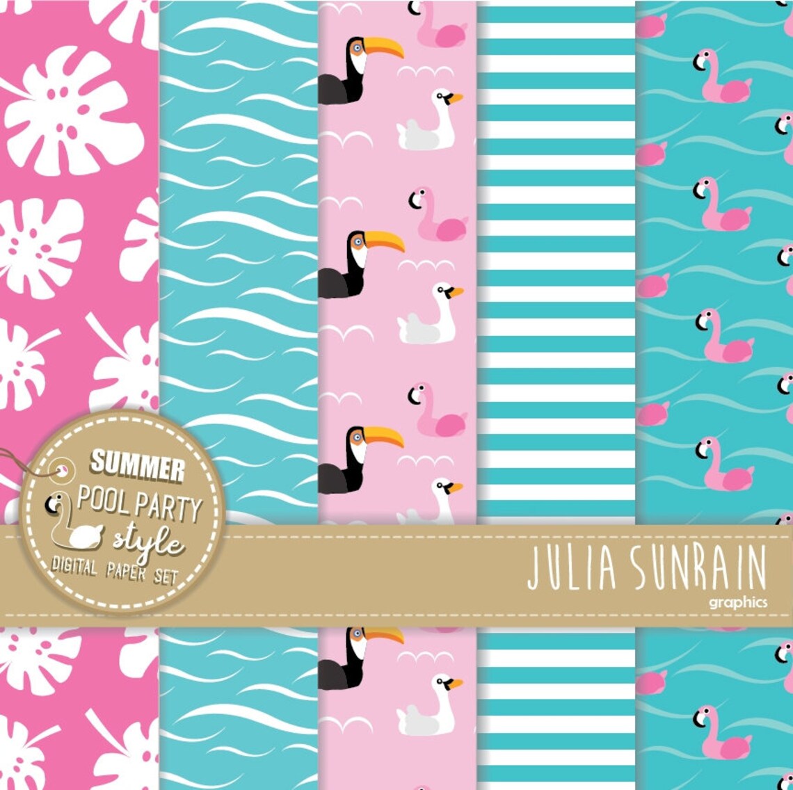 Summer Pool Party Digital Papers Clipart & Vector Set Instant Download ...