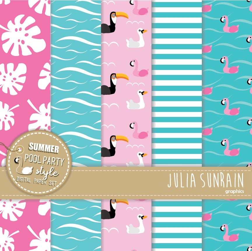 Summer Pool Party Digital Papers Clipart & Vector Set Instant Download ...