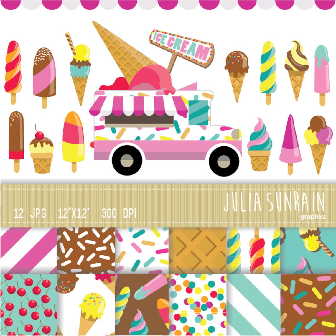 Ice Cream Clipart & Digital Scrapbooking Papers Set Instant Download ...