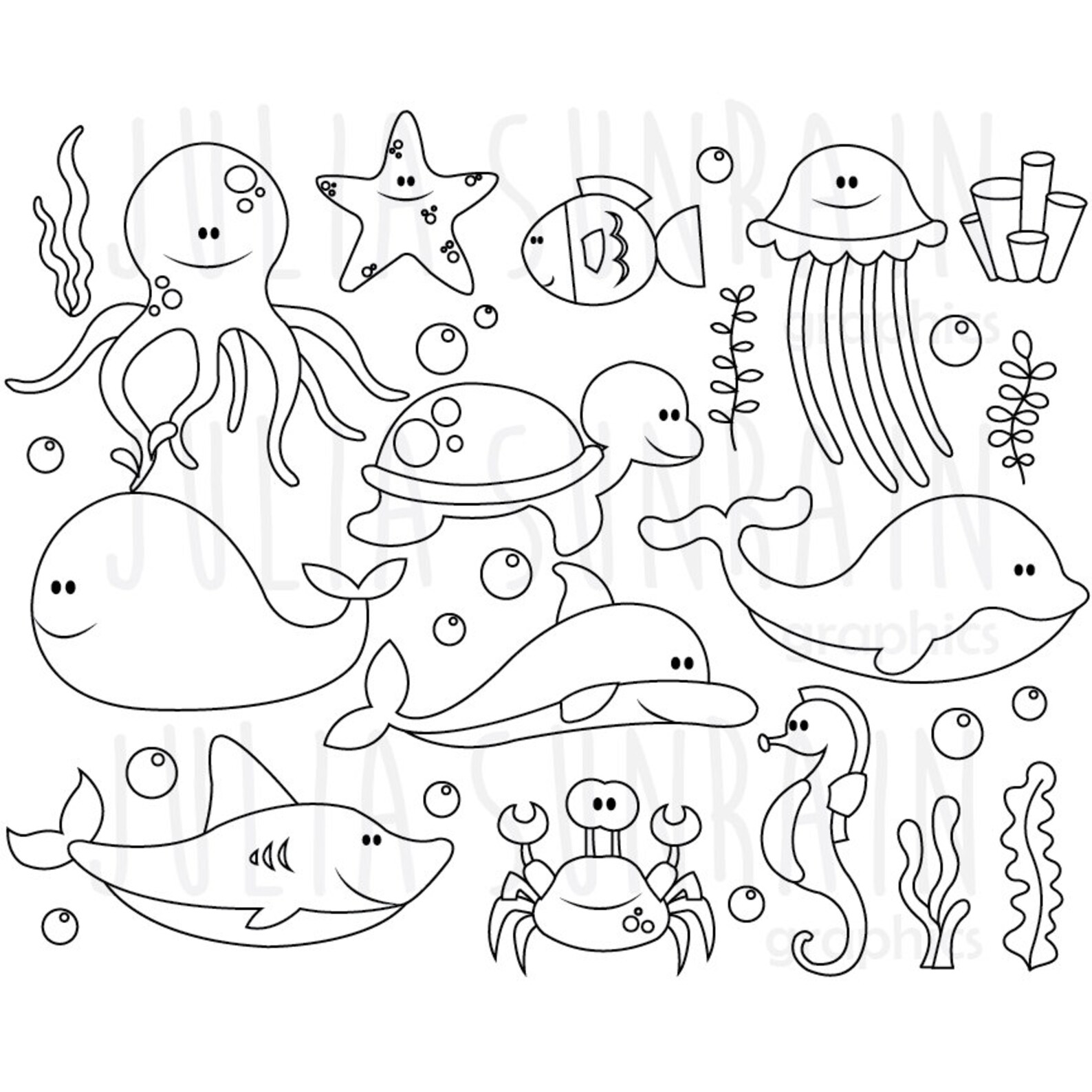 Sea Animals Digital Stamp Digital Clipart & Vector Set Instant Download ...