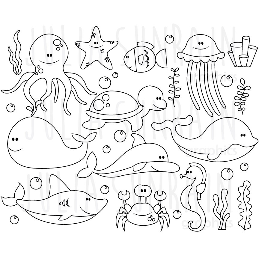 Sea Animals Digital Stamp Digital Clipart & Vector Set Instant Download ...
