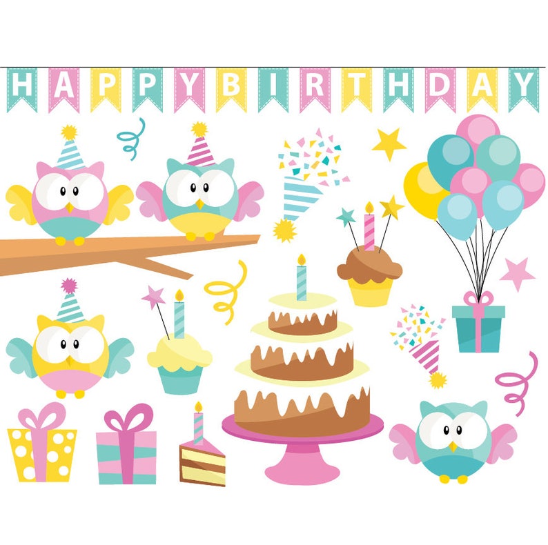 Birthday Owl Clipart Set Instant Download Personal and Commercial Use ...