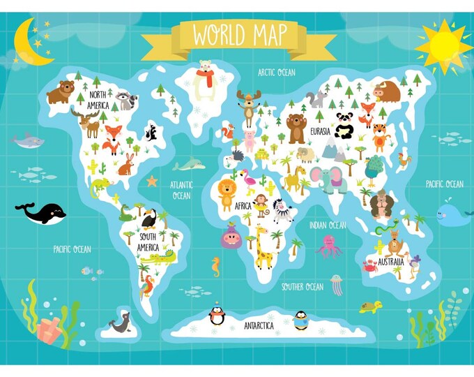 Nursery Printable - Animal World Map - Kids World Map - Poster Digital ... Nursery Printable - Animal World Map - Kids World Map - Poster Digital ...