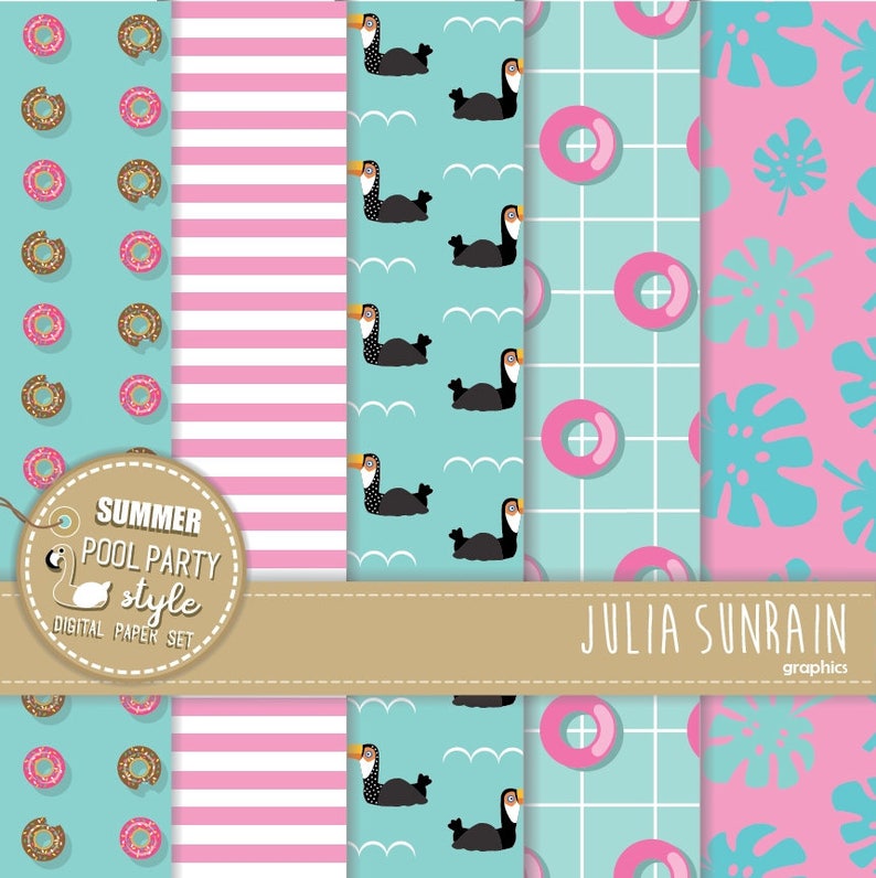 Summer Pool Party Digital Papers Clipart & Vector Set Instant Download ...