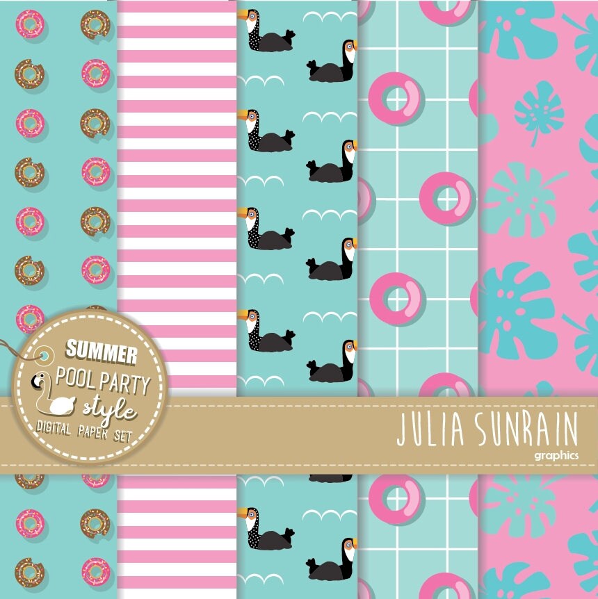 Summer Pool Party Digital Papers Clipart & Vector Set Instant Download ...