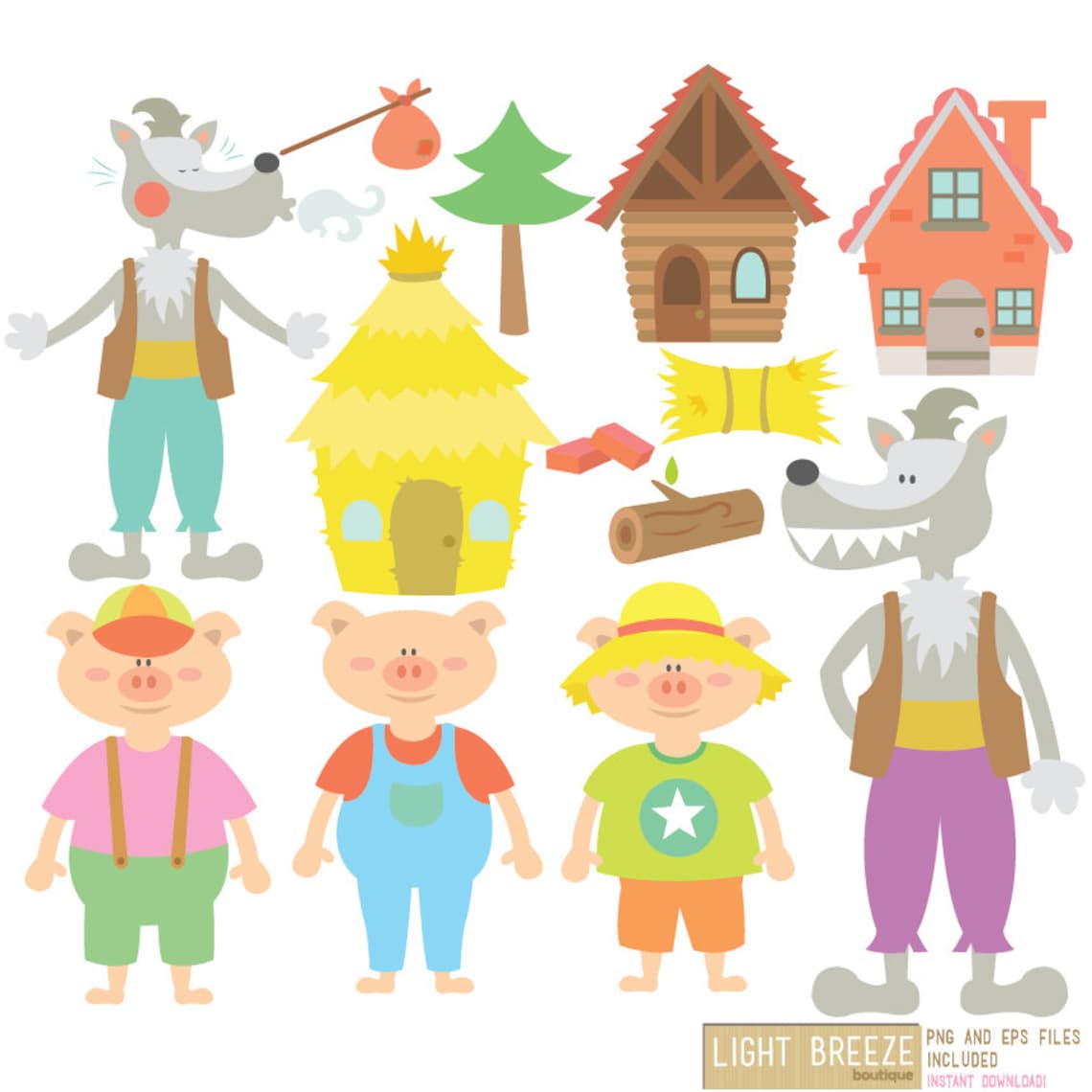 Three Little Pigs Digital Clipart & Vector Set Instant Download ...