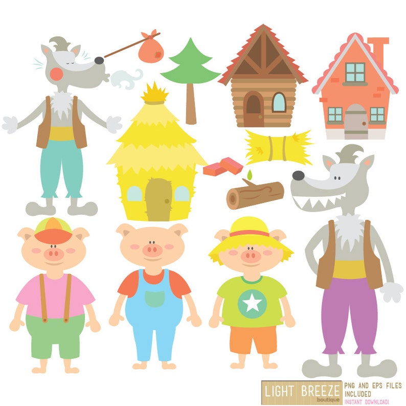 Three Little Pigs Digital Clipart & Vector Set Instant Download ...