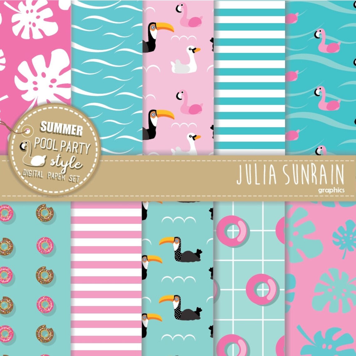 Summer Pool Party Digital Papers Clipart & Vector Set Instant Download ...