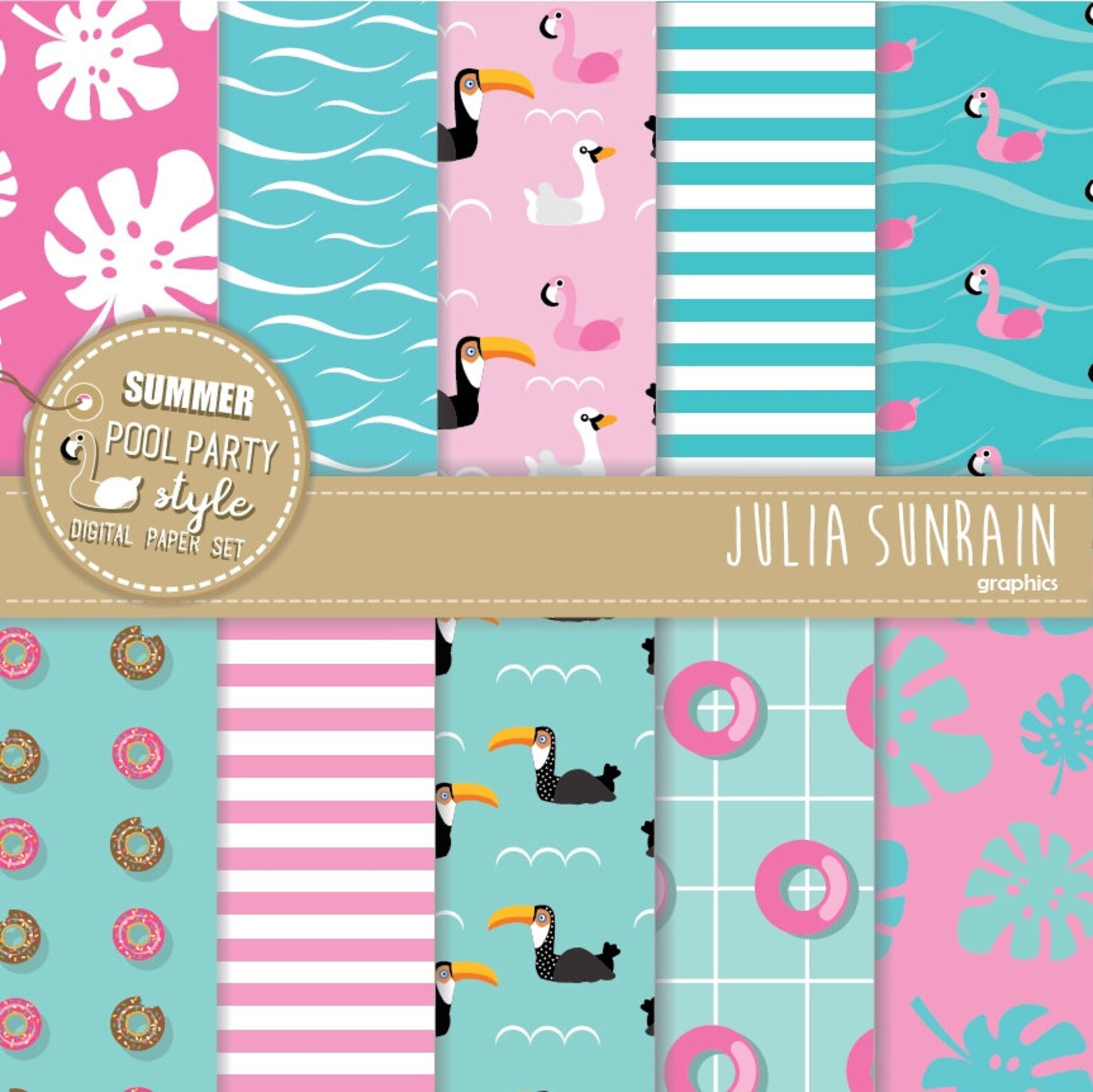 Summer Pool Party Digital Papers Clipart & Vector Set Instant Download ...