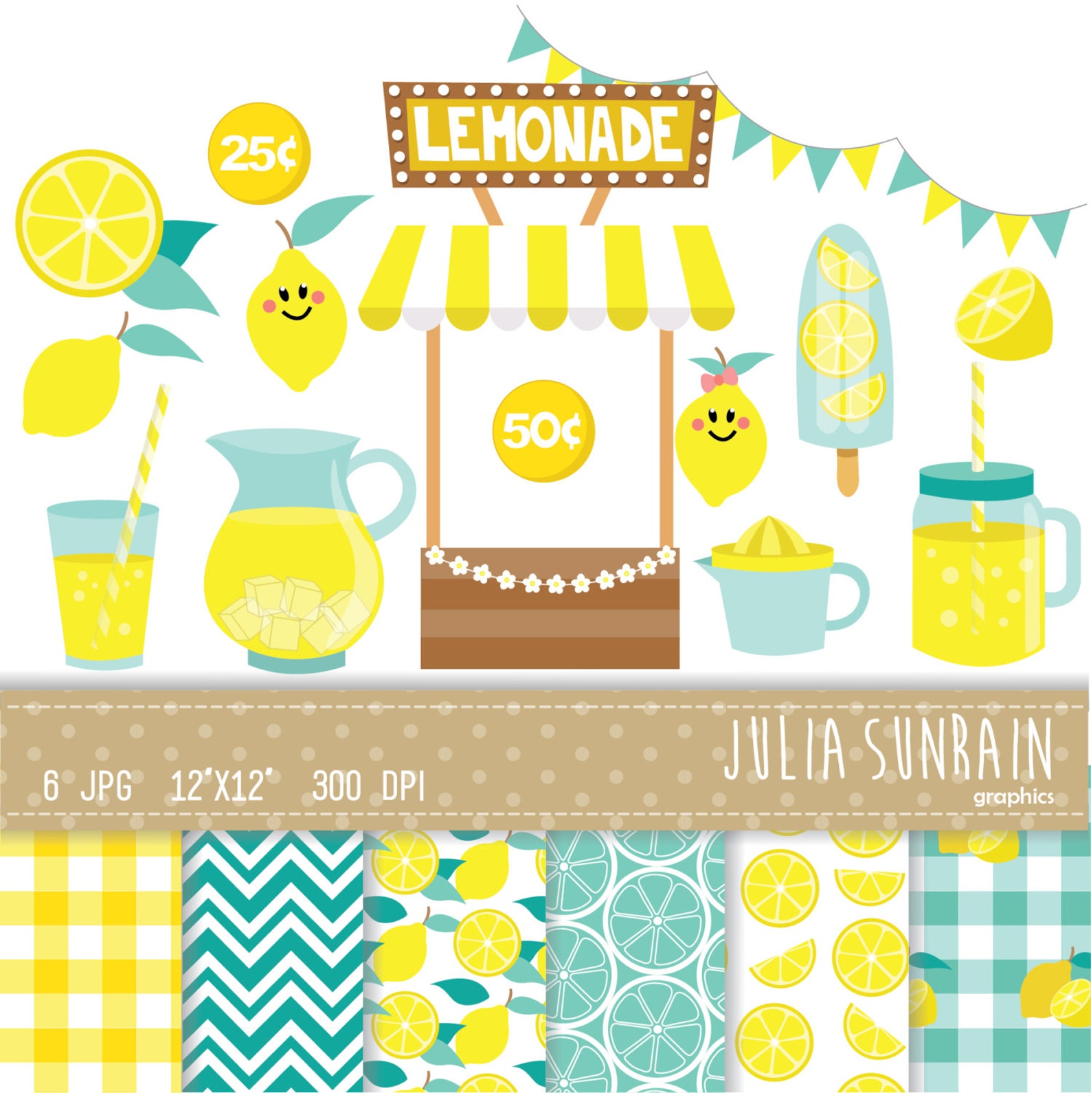 Lemonade Clipart and Digital Paper Set Instant Download - Etsy