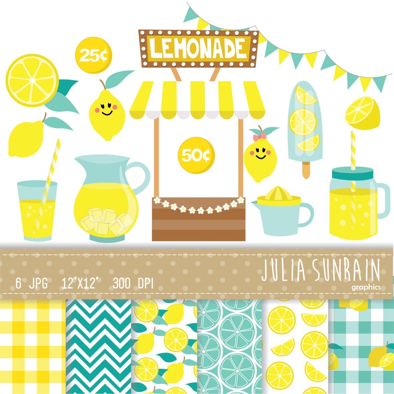 Lemonade Clipart and Digital Paper Set Instant Download - Etsy