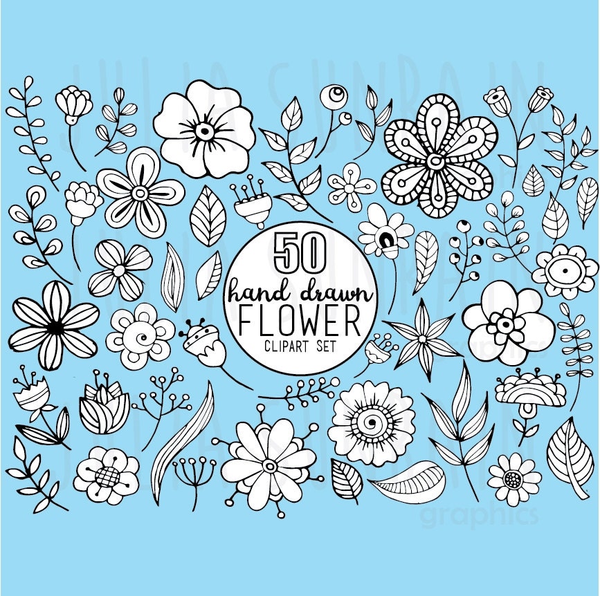 Flower Doodle Clipart & Vector Set Digital Stamp Instant - Etsy