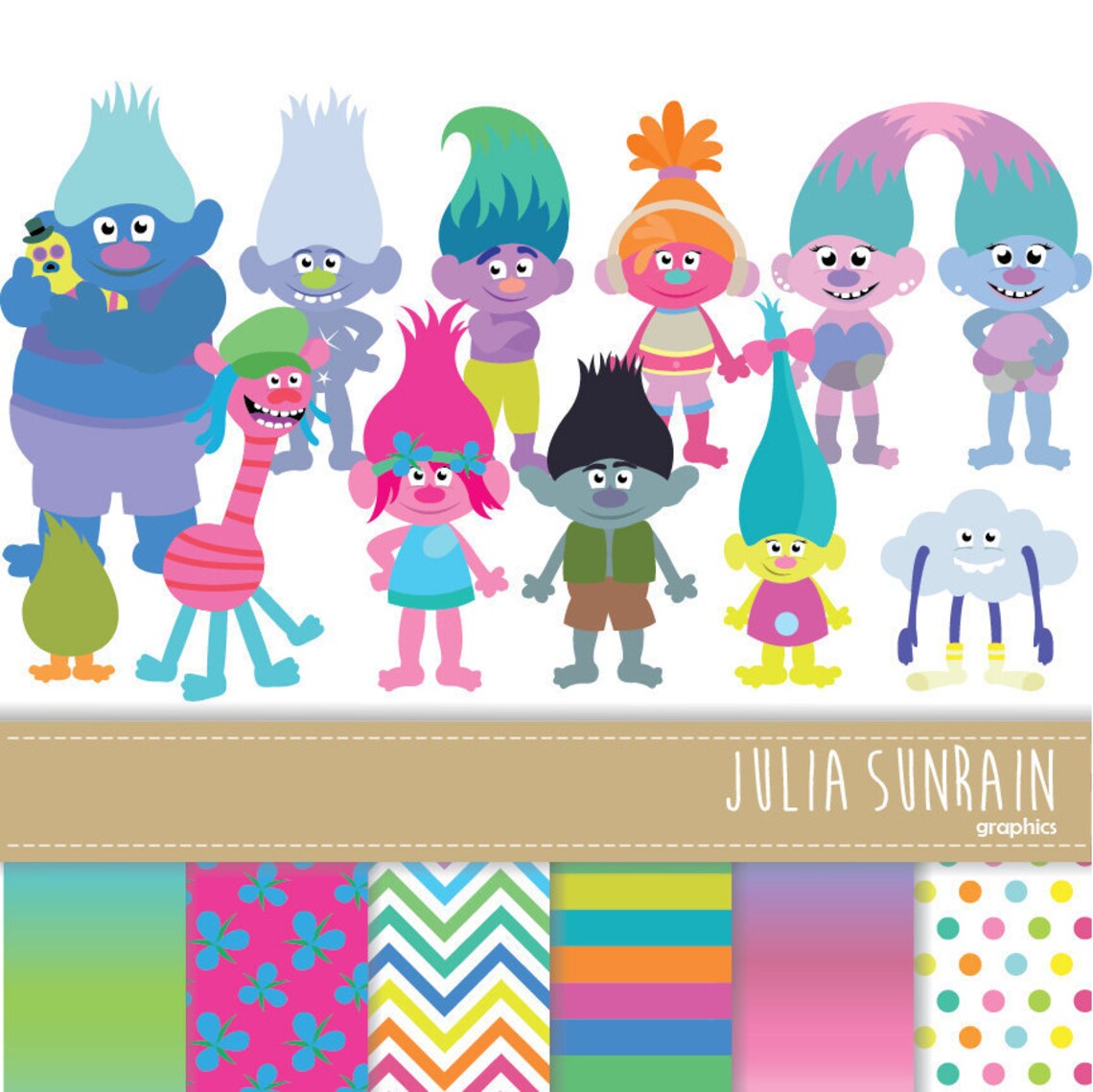 Trolls Clipart Vector & Digital Scrapbooking Papers Set Instant ...