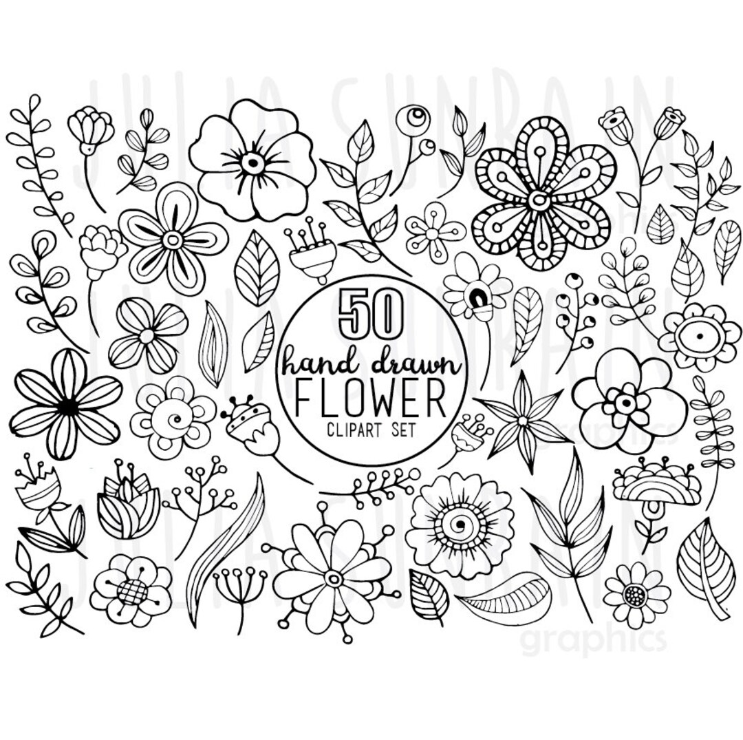 Flower Doodle Clipart & Vector Set Digital Stamp Instant Download ...