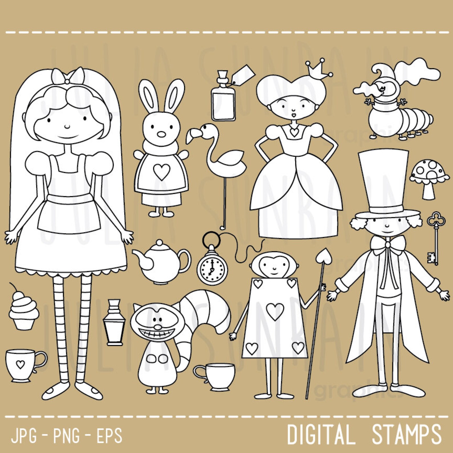 Alice in Wonderland Digital Stamp Digital Clipart & Vector Set Instant ...
