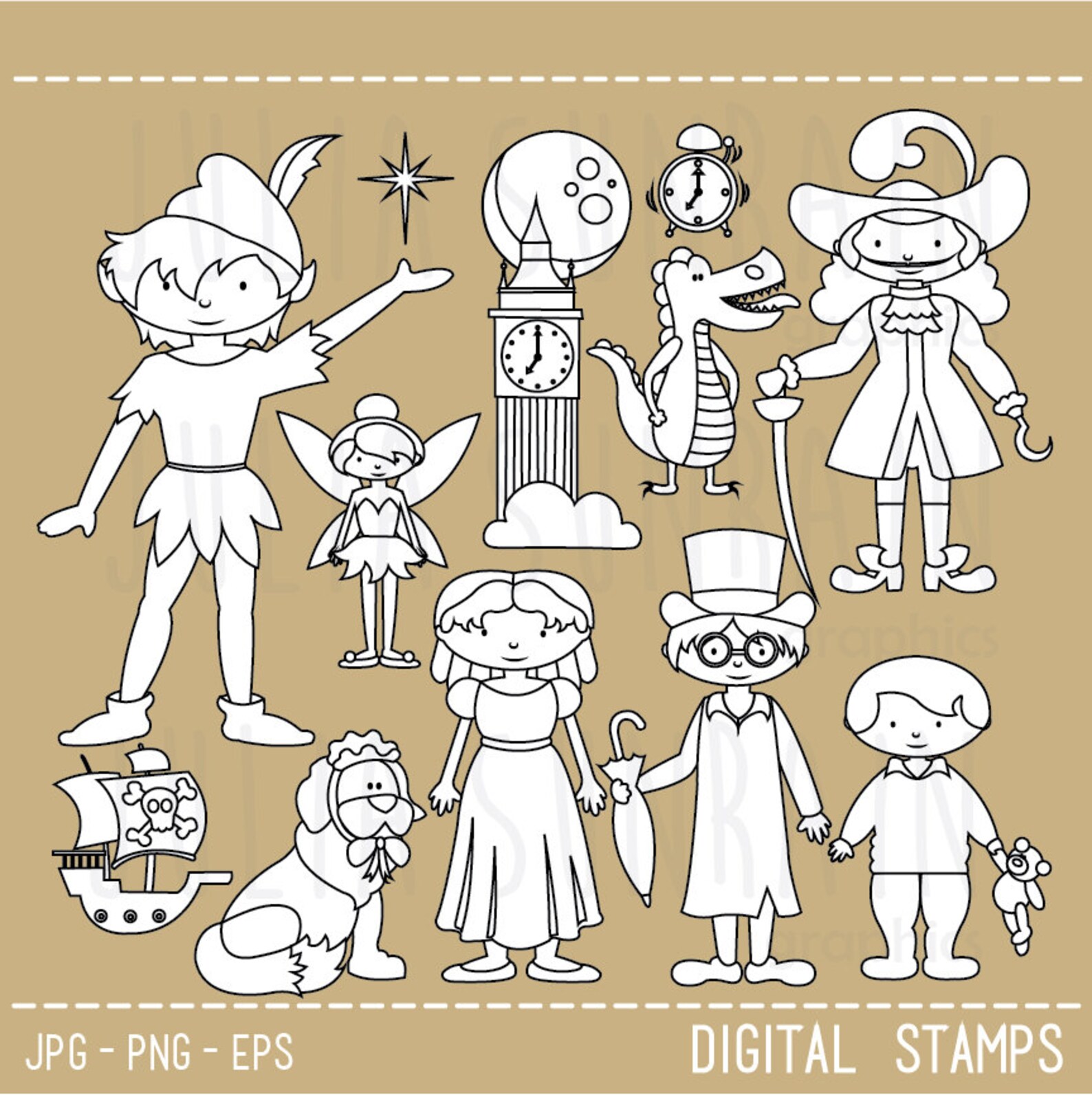Peter Pan Digital Stamp Clipart & Vector Set Instant Download Personal ...