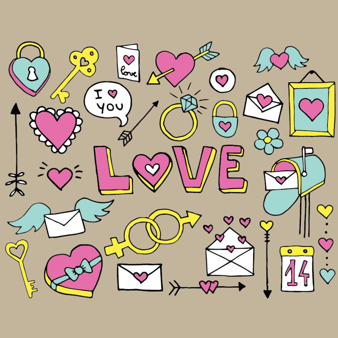 Valentines Doodle Clipart & Vector Set Instant Download Personal and ...