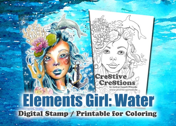 Element Girl: Water Digital Stamp / Printable Coloring Page - Etsy