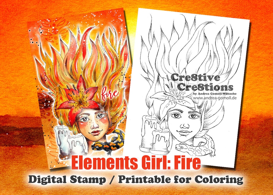 Fire Elements Girl - Digital Stamp / Printable Coloring Page by Andrea ...