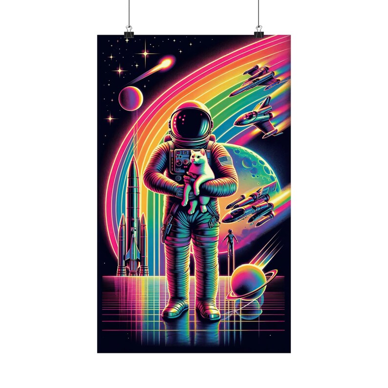 Retro Sci-fi Astronaut and Cat Poster Neon Cosmic Art - Etsy