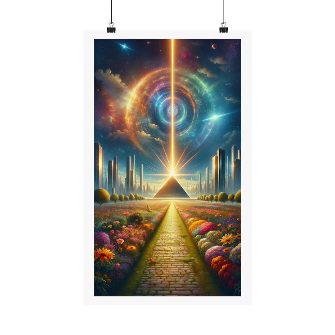 Galactic Gateway Art Print Cosmic Pyramid & Cityscape Poster - Etsy