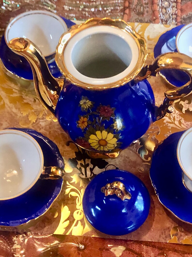 BAVARIA TEA SET Cobalt Blue W/ 22 K Gold Accent Tea Pot Painted With ...