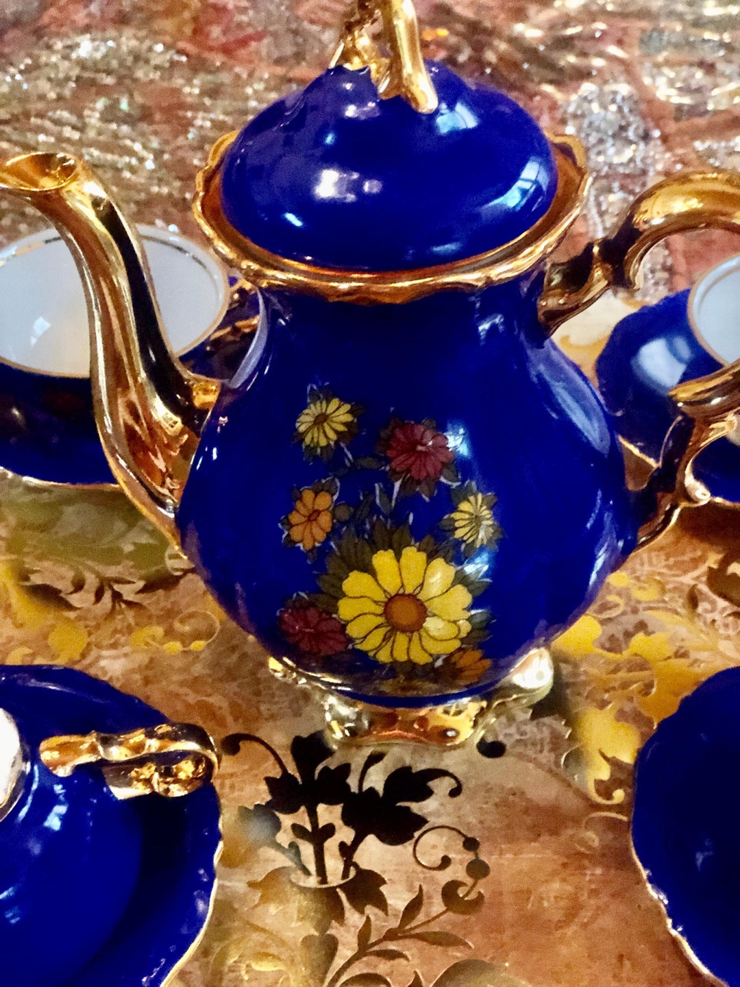 BAVARIA TEA SET Cobalt Blue W/ 22 K Gold Accent Tea Pot Painted With ...