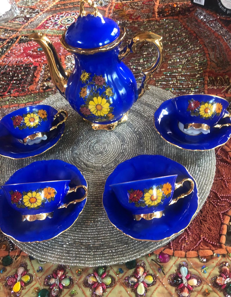 BAVARIA TEA SET Cobalt Blue W/ 22 K Gold Accent Tea Pot Painted With ...