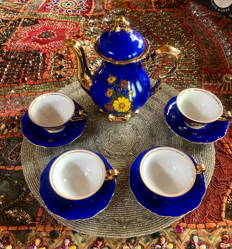 BAVARIA TEA SET Cobalt Blue W/ 22 K Gold Accent Tea Pot Painted With ...