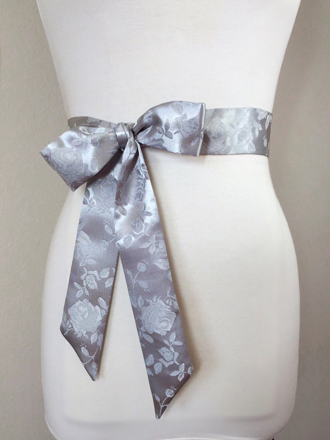 Silver Satin Sash in Rose Jacquard, Silver Rose Sash, Brocade Silver ...