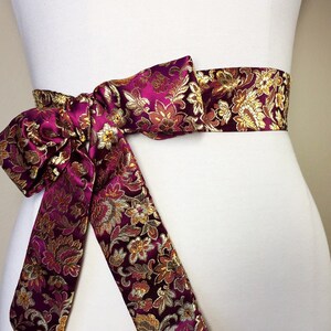 Asian Brocade Sash in Bright Plum & Gold, Floral Sash in Gold Satin ...