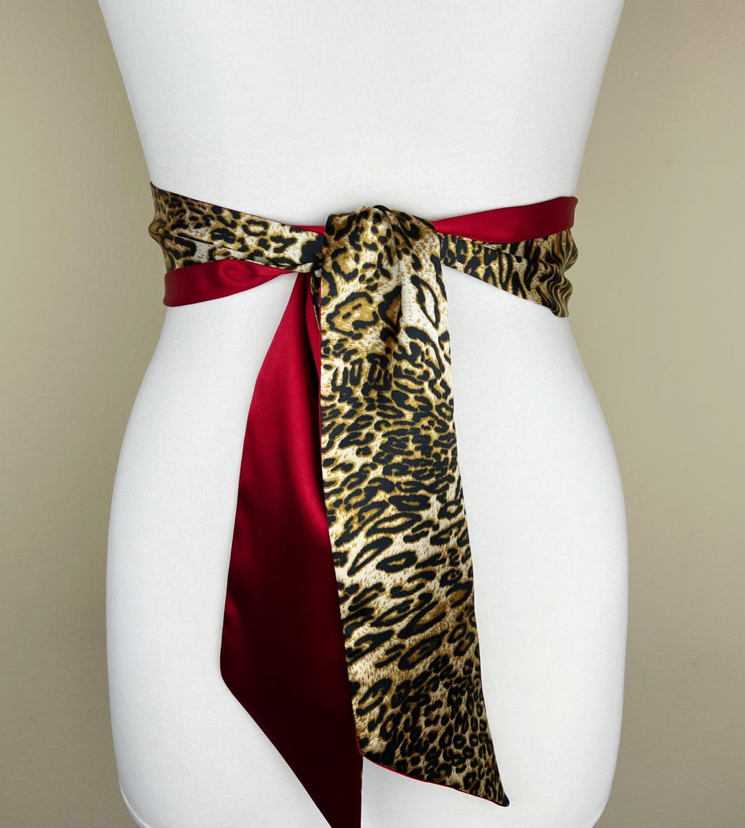 Wide Leopard Sash, Crimson & Leopard Satin Sash, Golden Leopard and Red ...