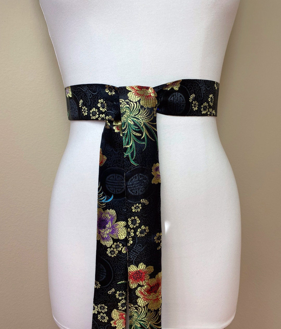 Narrow Black Chinese Brocade Sash, Black & Gold Brocade Sash Belt ...