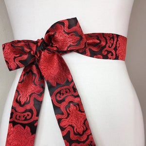 Red & Black Chinese Brocade Sash, Red Sash in Satin Brocade, Red Obi ...