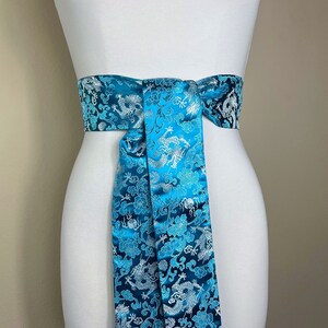 Wide Blue & Silver Chinese Brocade Sash, Chinese Dragon Sash Belt, Blue ...