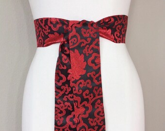 Red Bamboo Brocade and Black Silk Shantung Reversible Obi Sash - Etsy