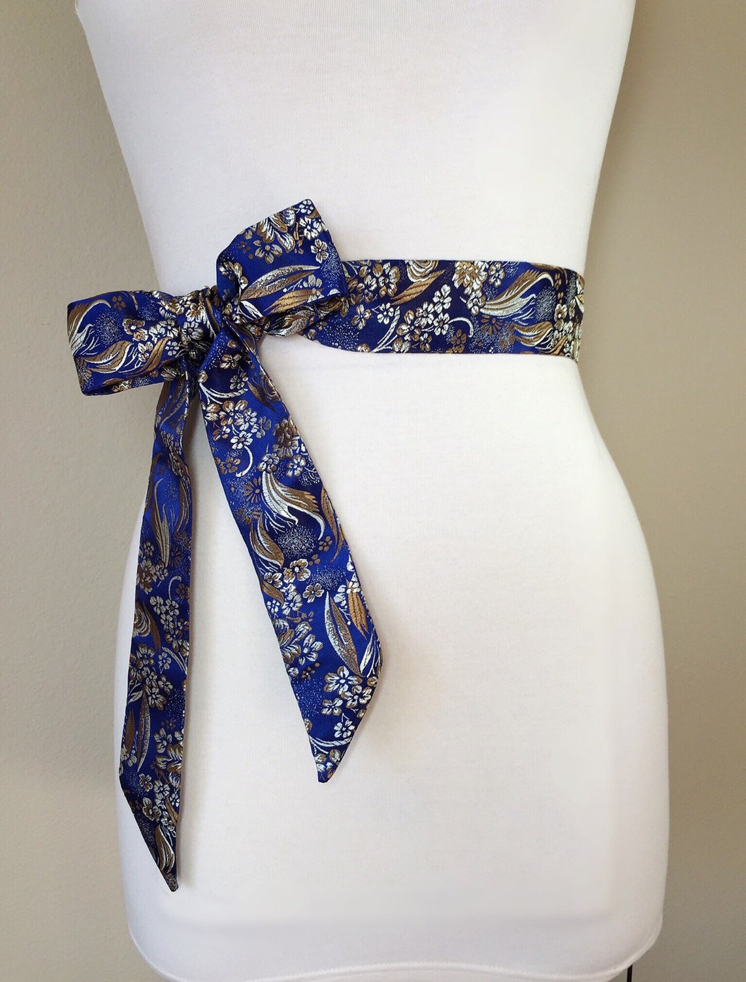 Narrow Asian Brocade Sash in Sapphire Blue, Floral Sash in Blue & Gold ...