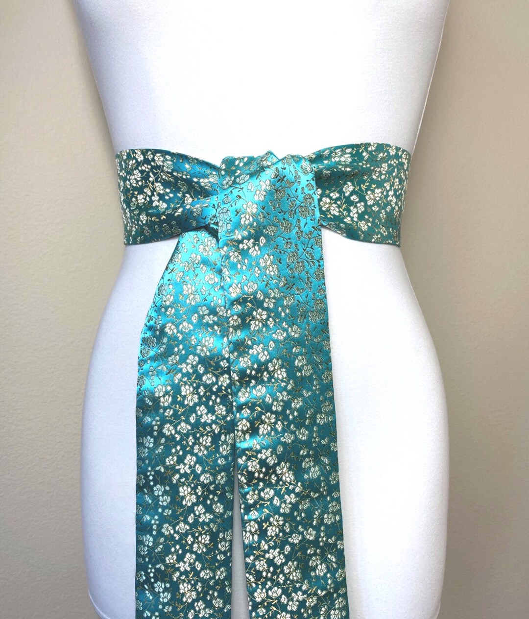 Wide Aqua Floral Sash in Asian Brocade, Floral Sash in Aqua & Gold ...